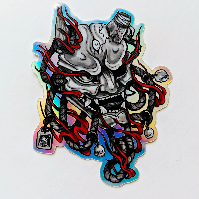 HOLOGRAPHIC STICKER – FLAMES ONI MASK – Iron Yokai